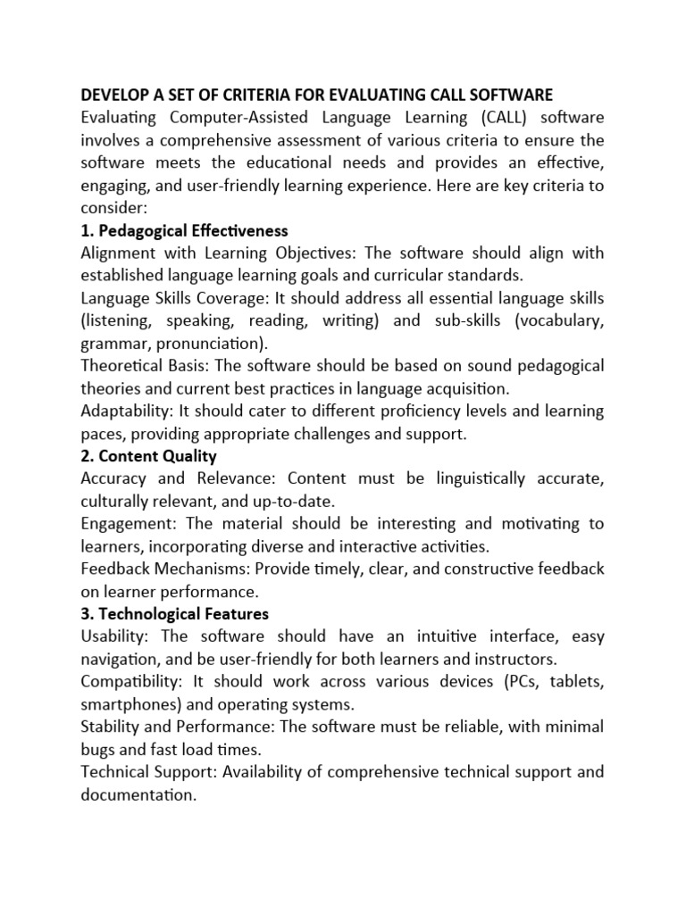 Criteria for Evaluating CALL Software | PDF | Learning | Usability