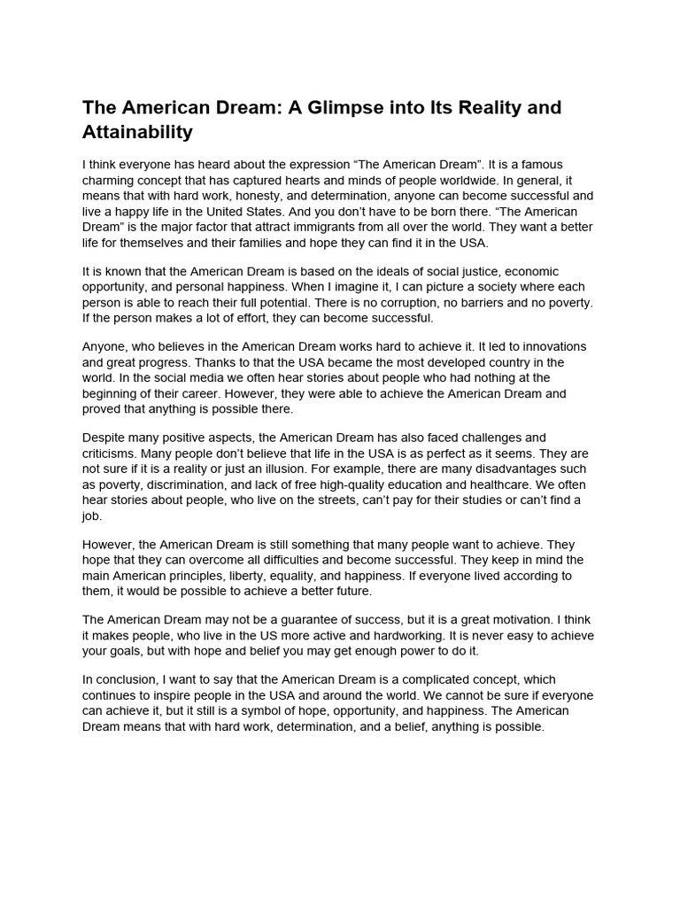 The American Dream A Glimpse Into Its Reality and Attainability | PDF ...