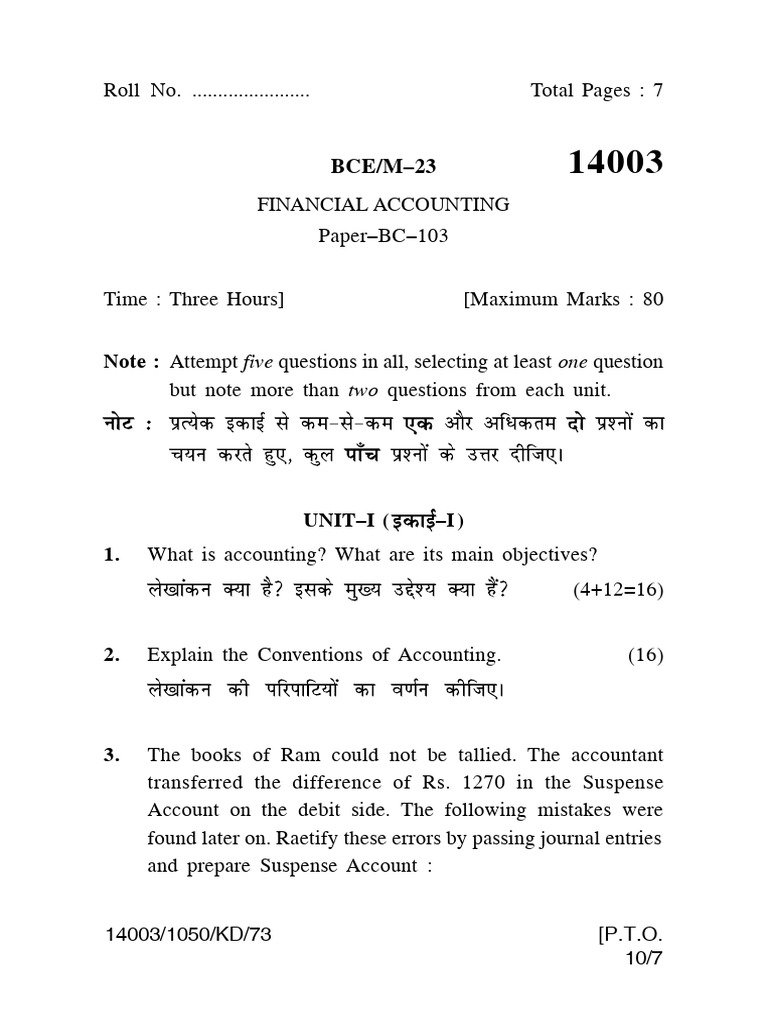 BCE/M-23: Note: Attempt Five Questions in All, Selecting at Least One Question | PDF | Debits ...