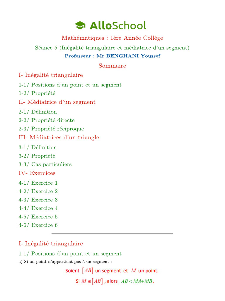 Seance 5 Inegalite Triangulaire Et Mediatrice D Un Segment 1 | PDF