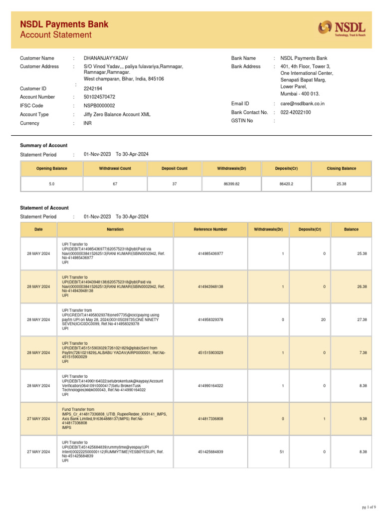 NSDL Payments Bank Account Statement | PDF | Fee | Banks