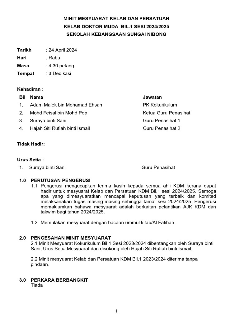 MINIT MESYUARAT KDM 1 2024 | PDF