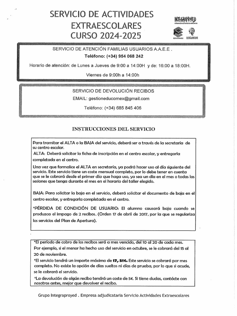 Servicio de Actividades Extraescolares | PDF