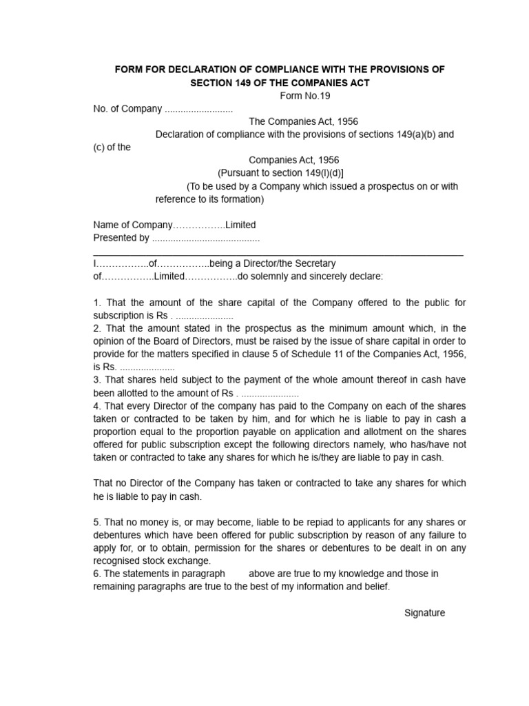 Form For Declaration of Compliance With The Provisions of Section 149 ...