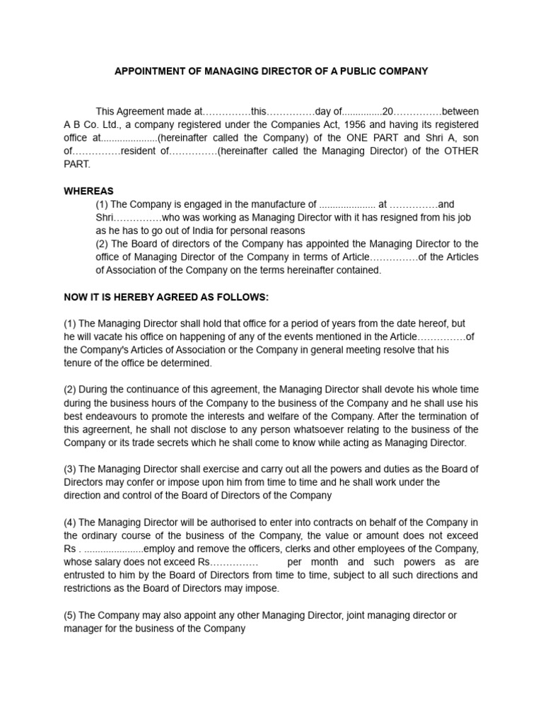 Managing Director Appointment Agreement | PDF | Board Of Directors | Salary