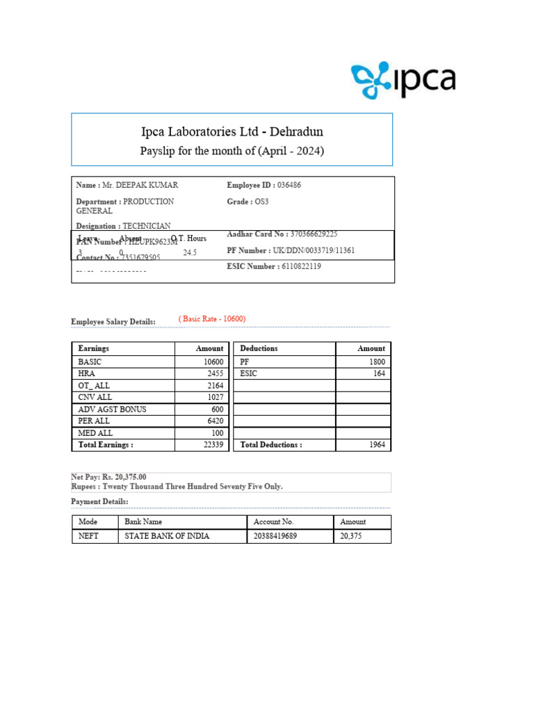 Ipca Salary Slip | PDF | Paycheck | Money