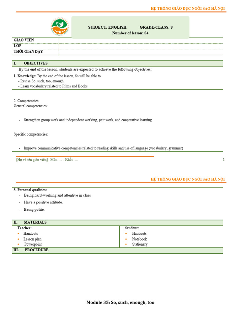 Lesson Plan E8 Int W35 | PDF