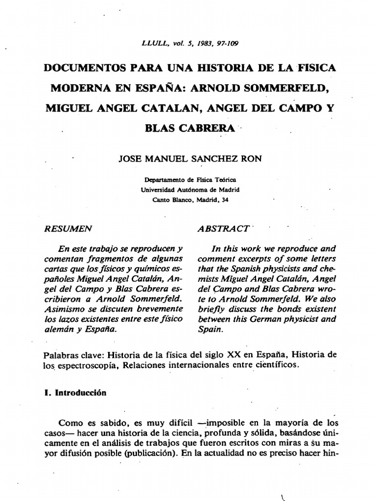 Documentos para Una Historia de La Fisica Moderna en España: Arnold Sommerfeld, Miguel Angel ...