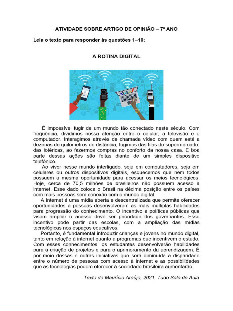 ATIVIDADE SOBRE ARTIGO DE OPINIÃO (1) | PDF | Internet | Acesso à internet ATIVIDADE SOBRE ARTIGO DE OPINIÃO (1) | PDF | Internet | Acesso à internet