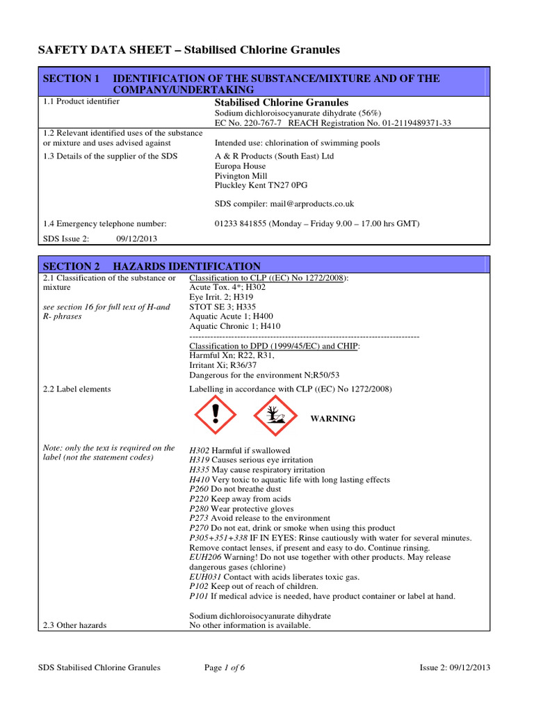 SDS 4 Stabilised Chlorine Granules A and R | PDF | Dangerous Goods ...