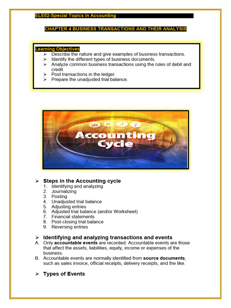 Chapter 4 Business Transactions And Their Analysis Pdf Debits And