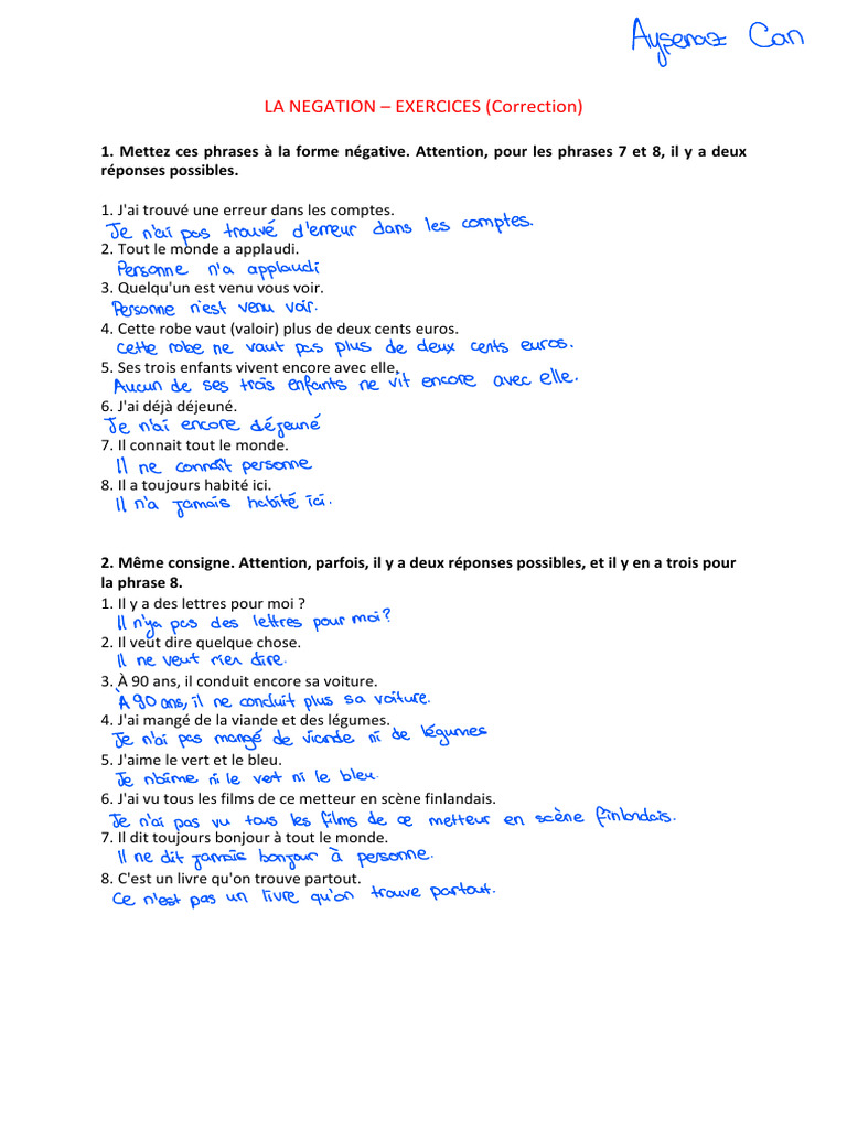 Exercices Sur La Nã©gation | PDF | Linguistique