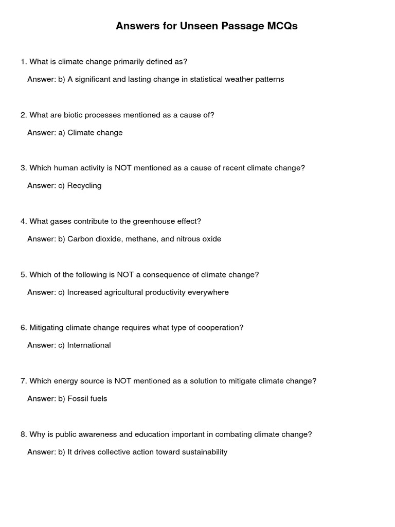 Unseen Passage Class 10 CBSE MCQ Answers | PDF