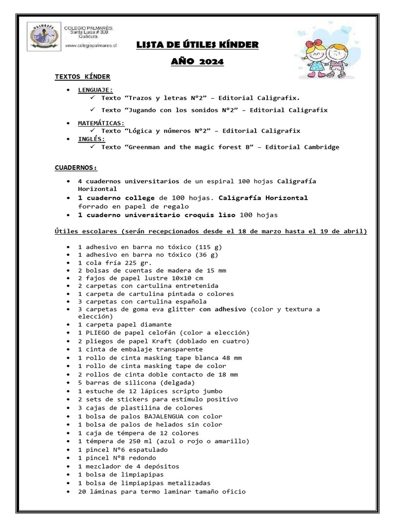Lista de Utiles Kinder 2024 | PDF | Lápiz | Materiales de Conservación ...