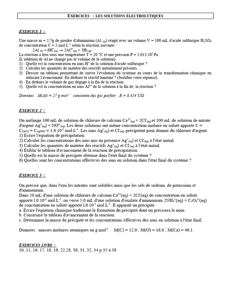 Exercices - Solutions Electrolytiques | PDF | Ion | Précipité