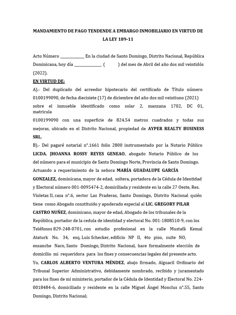 Mandamiento de Pago Tendende A Embargo Inmobiliario en Virtud de La Ley ...