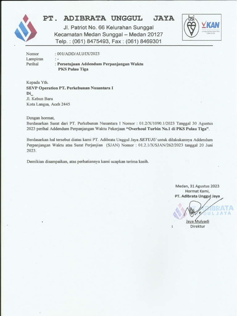 Surat Adendum Pks Pulau Tiga | PDF