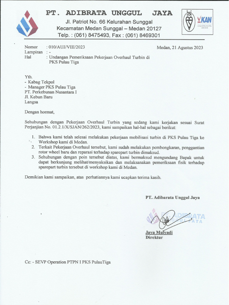 Surat Undangan Kunjungan PTPN I Pks Pulau Tiga | PDF