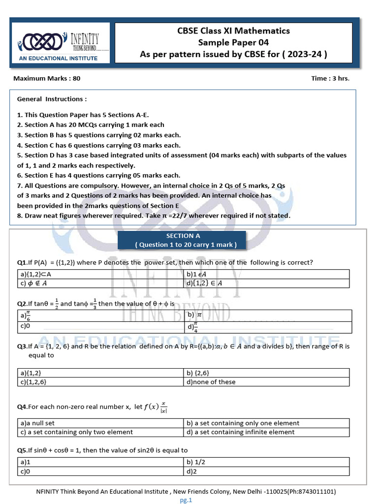 Cbse Xi SQP MC-04 by Deepika Bhati (2023-24) | PDF | Numbers | Mathematical Objects