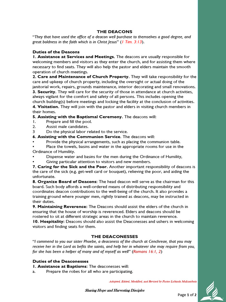 Deacons - Extract - Church Officers Handbook 2024 - TPMD | PDF | Deacon ...