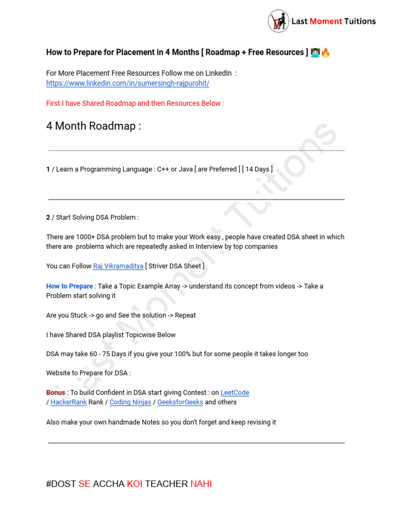 How to Prepare for Placement in 4 Months [ Roadmap + Free Resources ...
