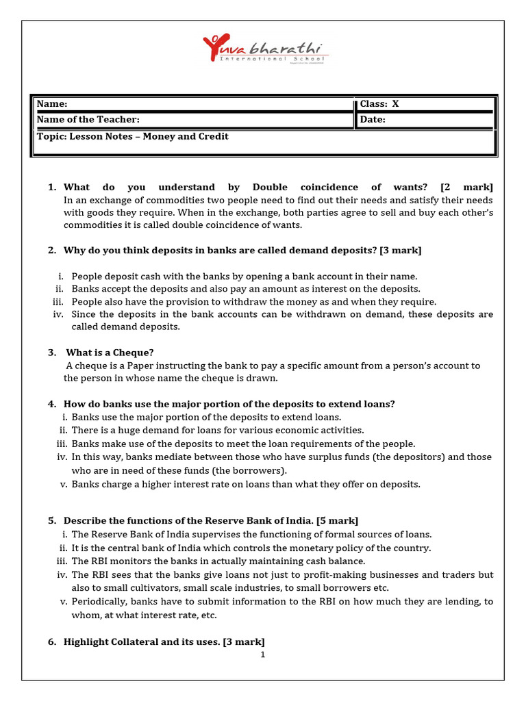 GIDB6225275-Class-10 - Money and Credit Notes | PDF | Banks | Deposit ...