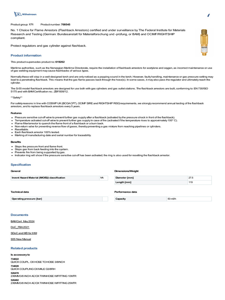 S55 Flashback Arrestor Overview | PDF | Gases | Equipment