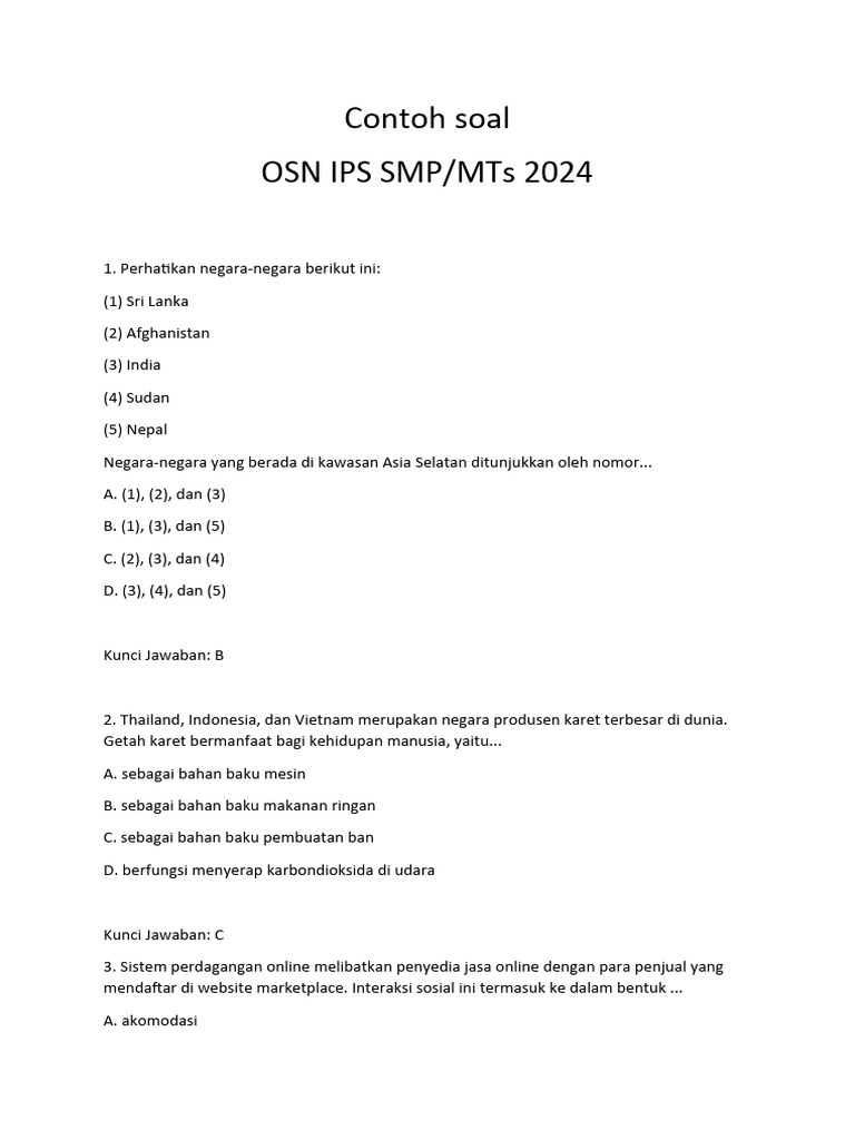 Contoh Soal Osn Ips Smp/Mts 2024 | PDF