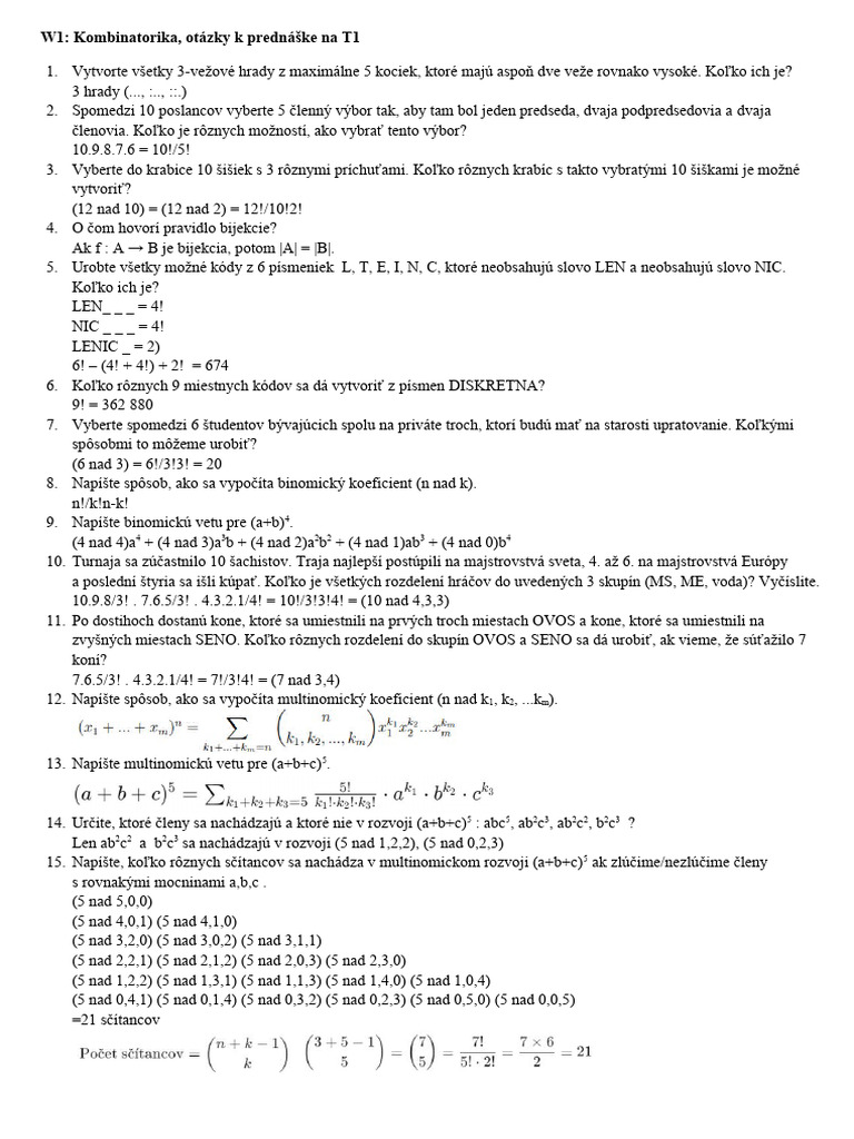 W1 Otazky Prednaska 2024 Kombinatorika | PDF