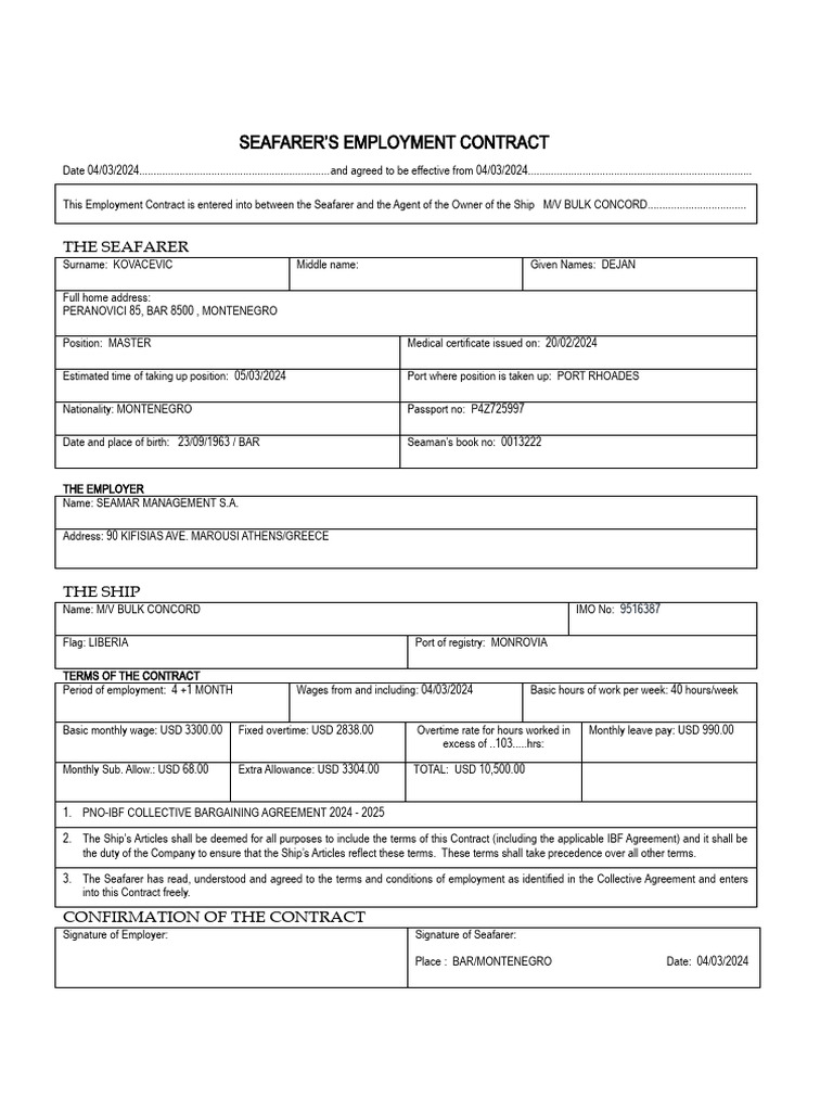Seafarer's Employment Contract 2024 | PDF | Overtime | Sailor