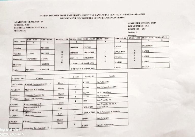 BCA Time Table (1st Sem) 2024 SASTRA | PDF