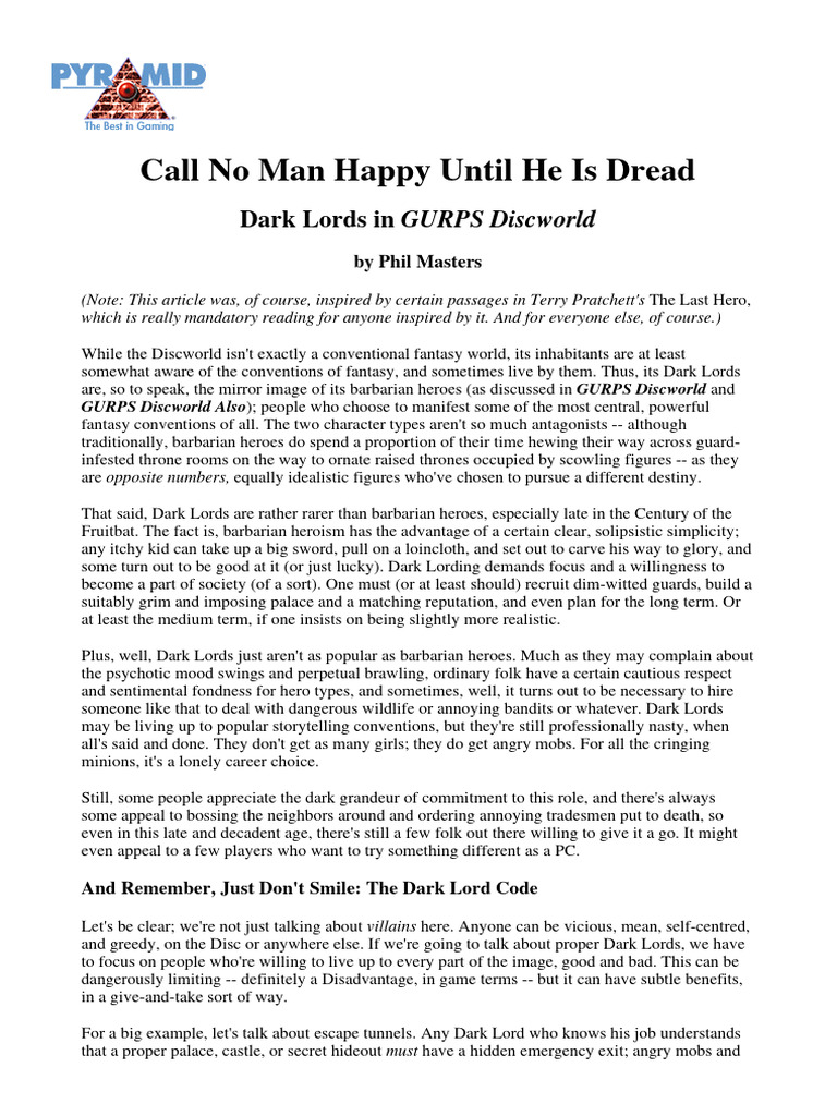 Call No Man Happy Until He Is Dread (Dark Lords in GURPS Discworld) | PDF | Discworld