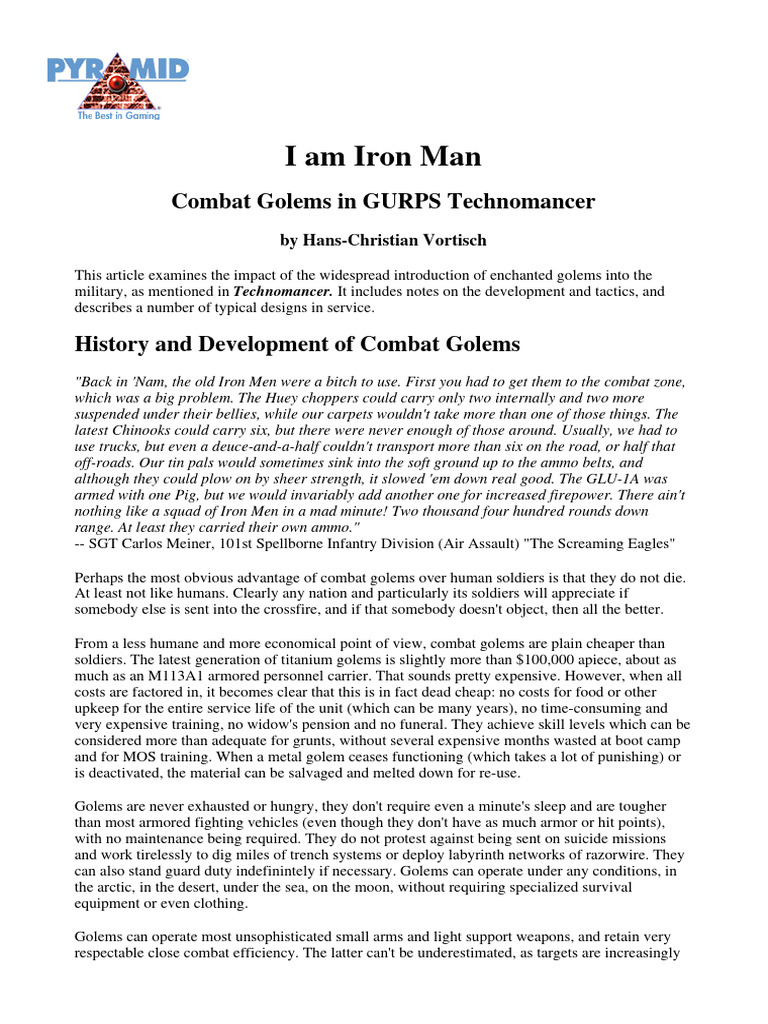 I Am Iron Man - Combat Golems in Gurps Technomancer | PDF | Company ...