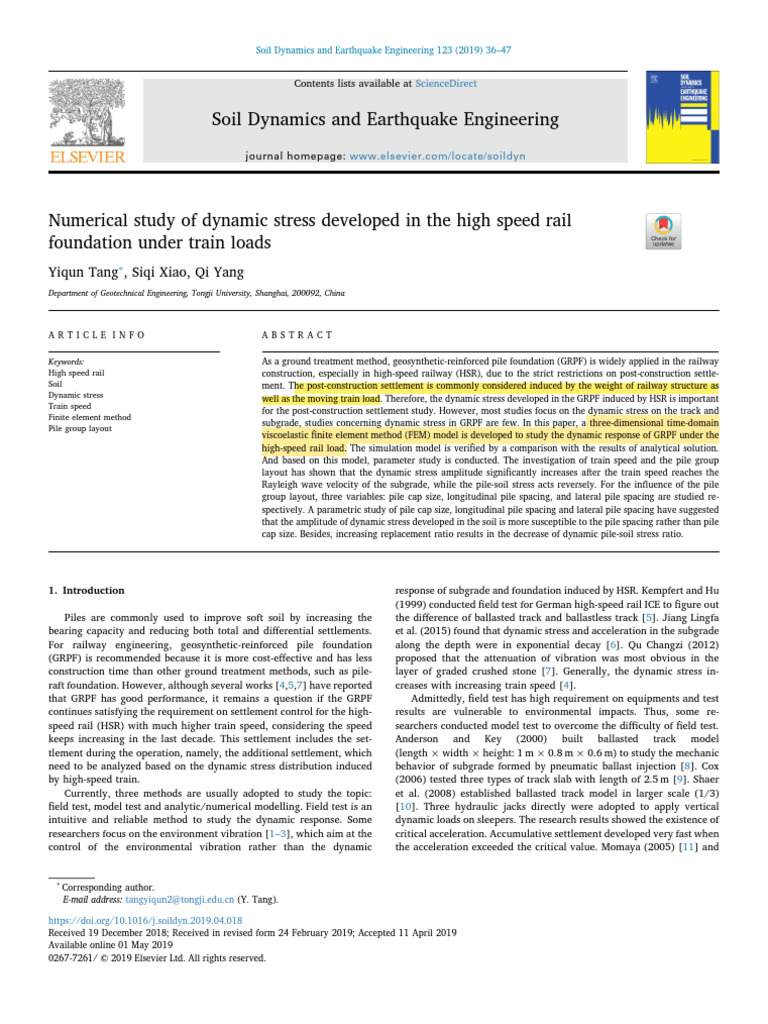 Tang Et Al., (2019) - Numerical Study of The Dynamic Stress Developed ...