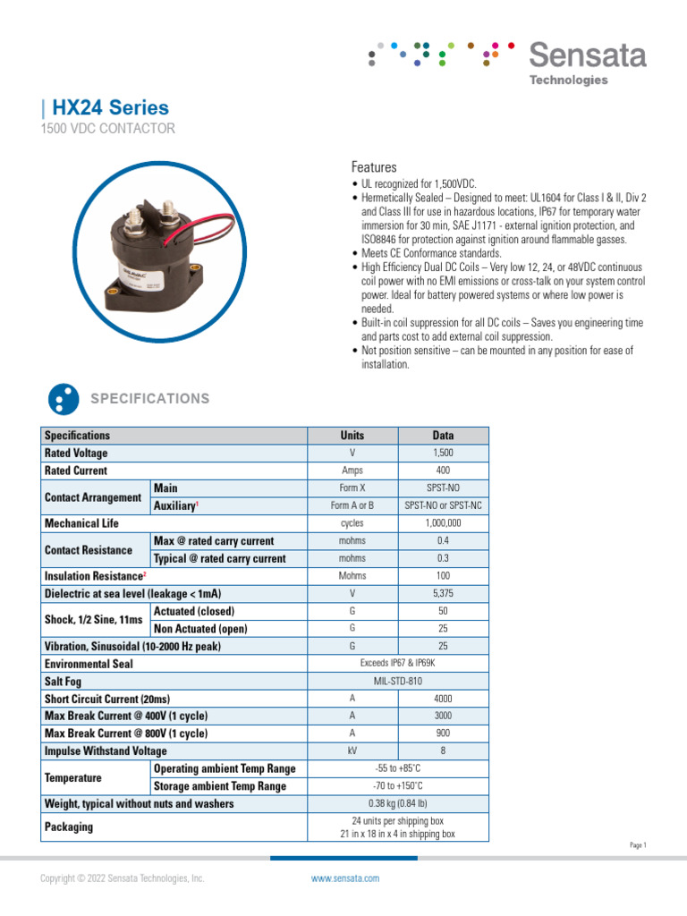 Sensata Gigavac HX24 Contactor Datasheet | Download Free PDF | Switch | Electrical Engineering