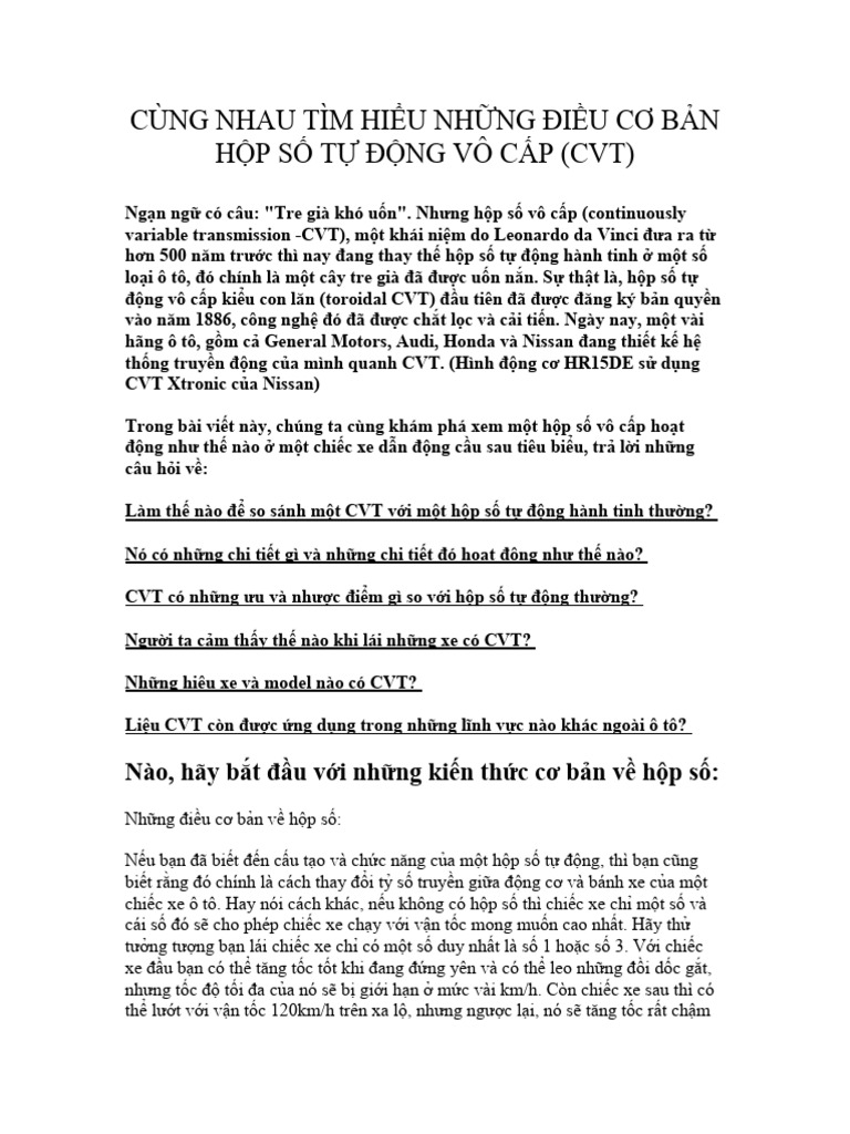 Cùng Nhau Tìm Hiểu Những Điều Cơ Bản Hộp Số Tự Động Vô Cấp (Cvt) | PDF