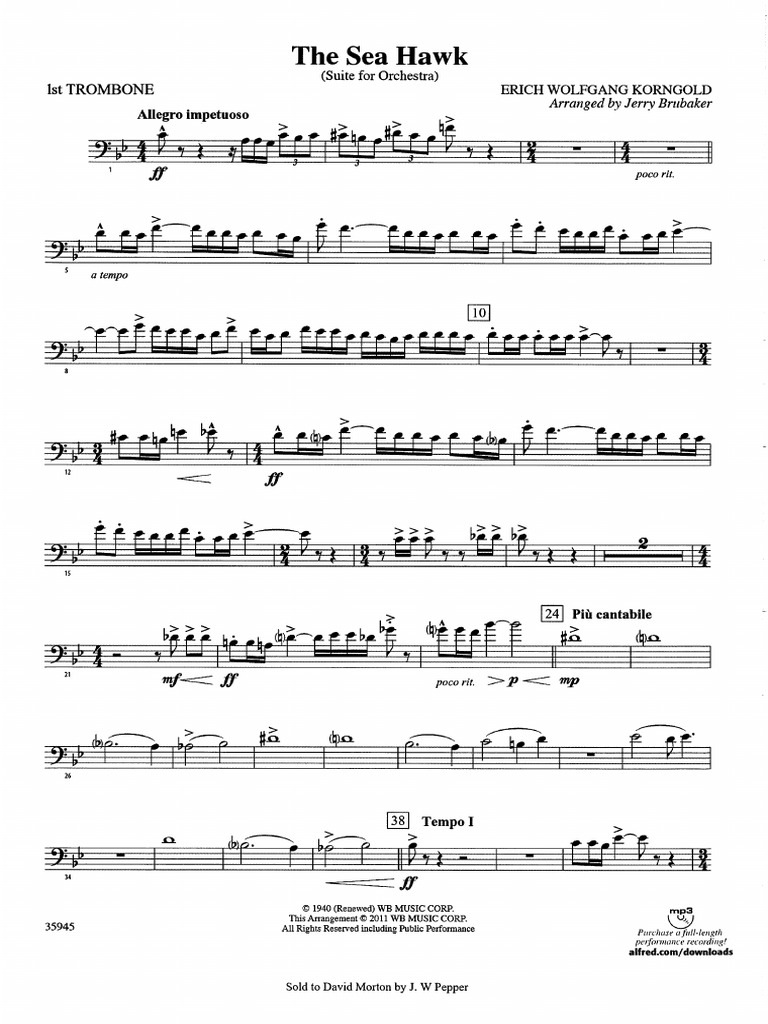 The Sea Hawk - Arr. Brubaker - Trombone 1 | PDF
