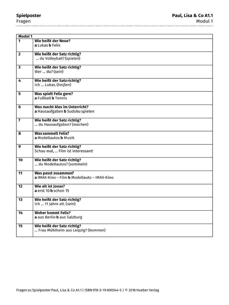 Spielposter - Paul, Lisa & Co A1 - 1 - Fragen | PDF