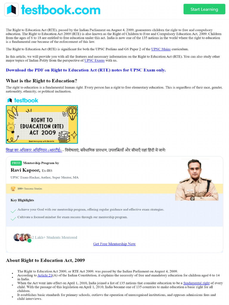 RTE-Meaning, Objectives, Features, Significance and Limitations! | PDF
