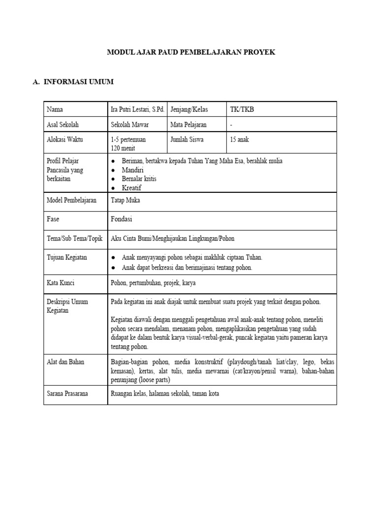 Modul Ajar Paud Pembelajaran Proyek-1 | PDF