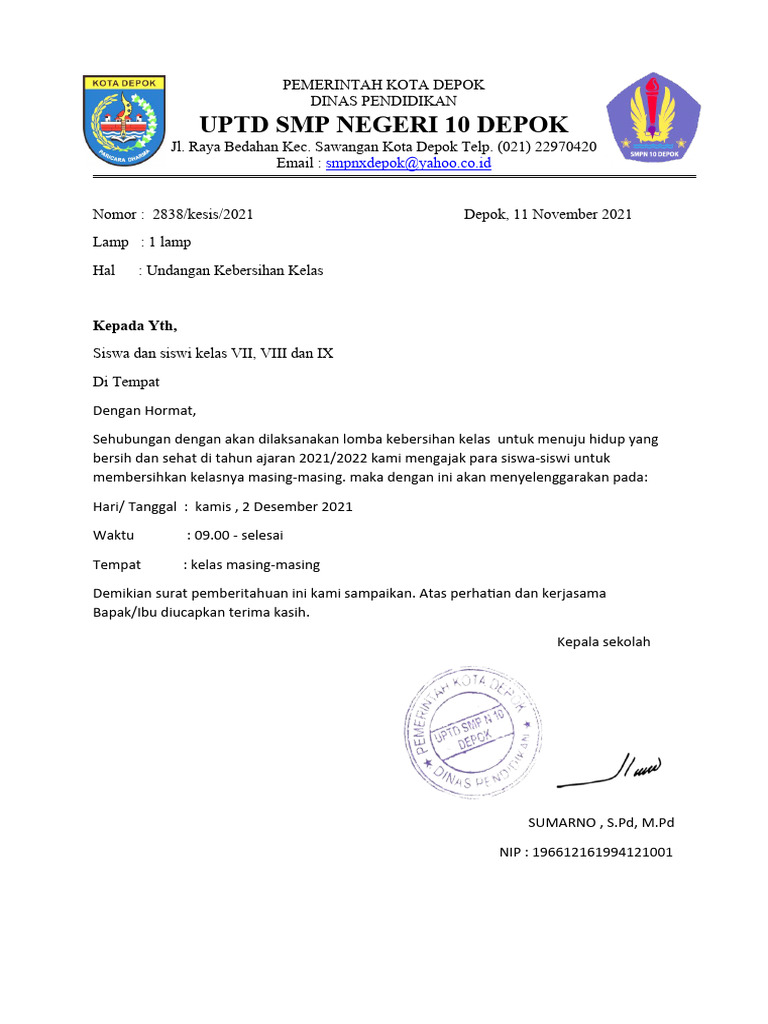 Surat Kebersihan Kelas | PDF