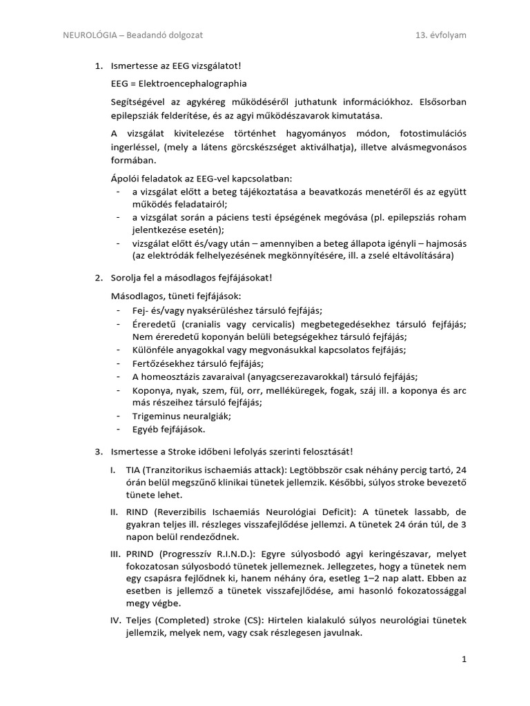 Neurológia Beadandó Dolgozat - Minta | PDF