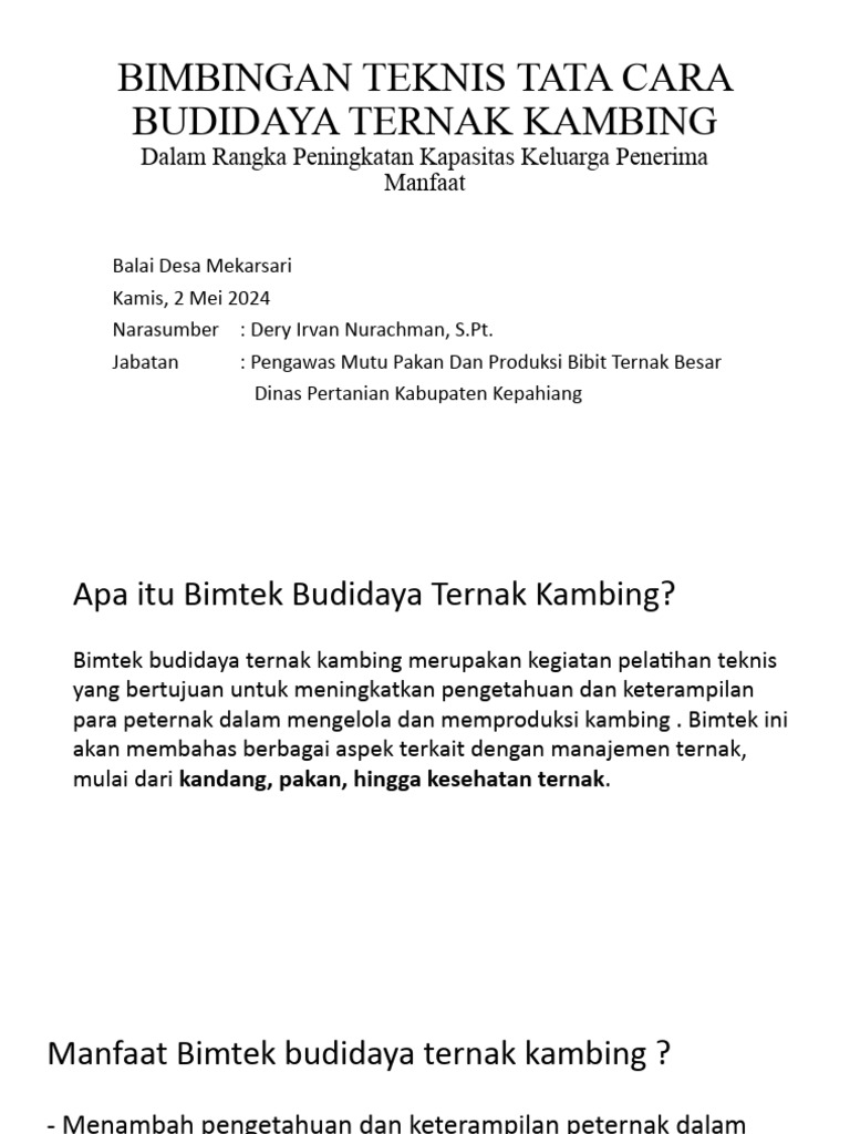Bimbingan Teknis Tata Cara Budidaya Ternak Kambing | PDF