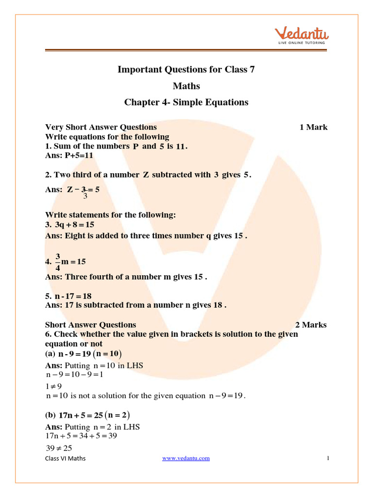 Important Questions for CBSE Class 7 Maths Chapter 4 - Simple Equations | Download Free PDF ...