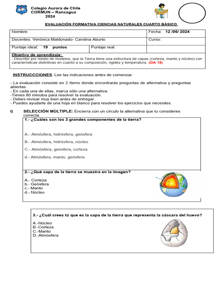 Evaluación Ciencias Naturales 4° Básico | PDF | Tierra | Atmósfera