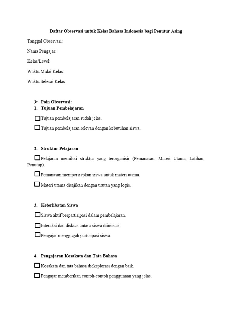 Checklist Bipa Observation (UNY) | PDF | Karier & Perkembangan | Seni & Disiplin Bahasa