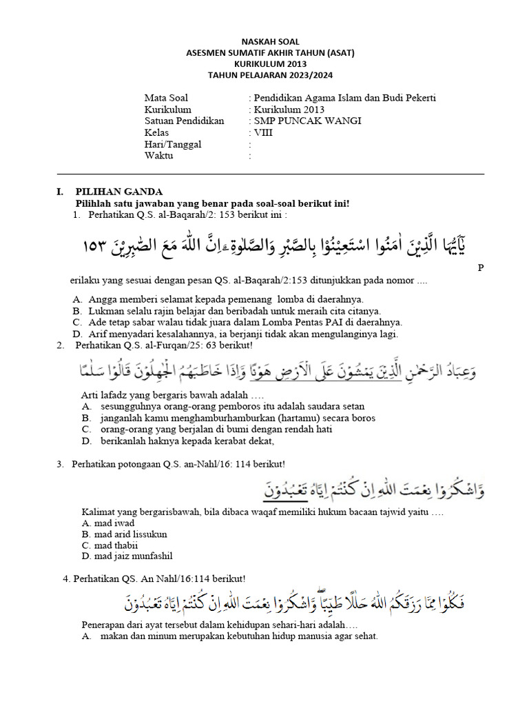 Naskah Soal Asat Kelas 8 | PDF