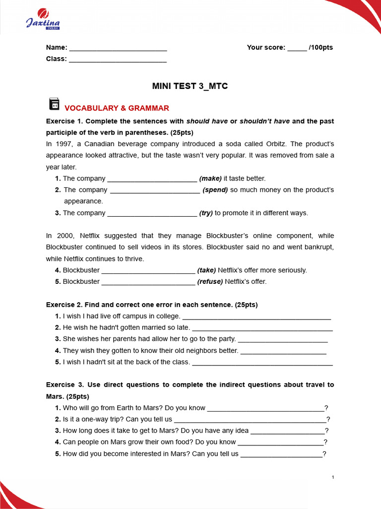 MTC Mini Test 3: Vocabulary & Grammar | PDF | Outer Space | Space ...