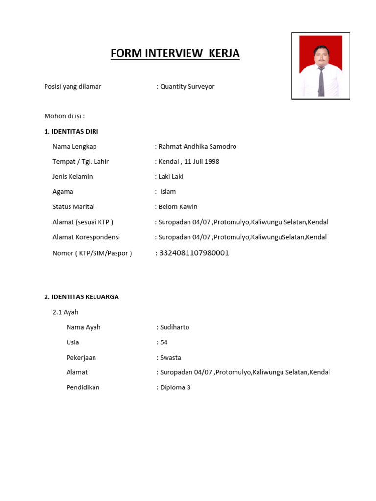 Form Interview Kerja - Rahmat Andhika Samodro | PDF