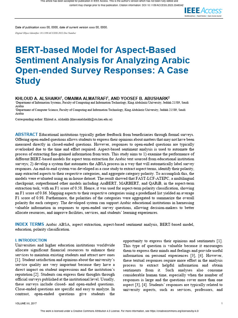 BERT-based Model For Aspect-Based Sentiment Analysis For Analyzing Arabic Open-Ended Survey ...